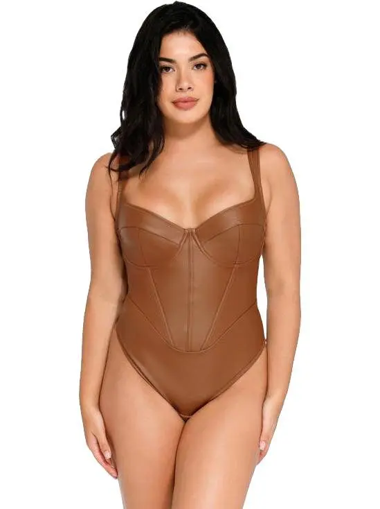 POPILUSH Shapewear Faux Leather Hourglass Corset Bodysuit - Dark Brown