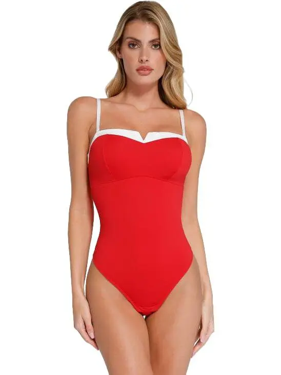 POPILUSH Shapewear Contrast Strap Tummy Control Bodysuit - Rust Red