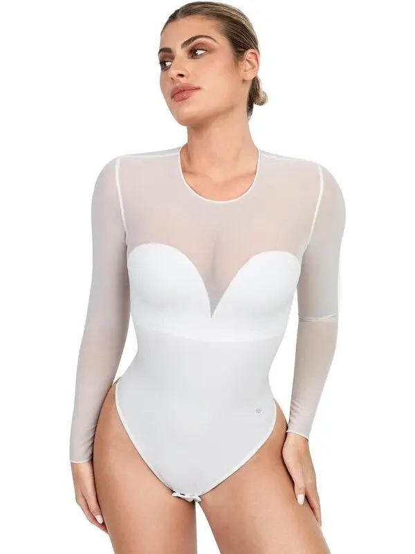 POPILUSH Sheer Mesh Long Sleeve Bodysuit - Ivory