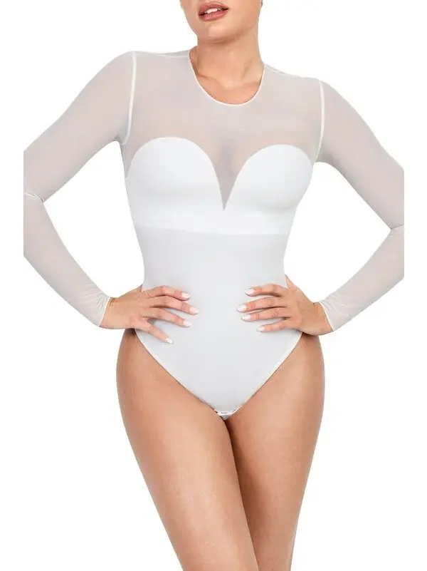 POPILUSH Sheer Mesh Long Sleeve Bodysuit - Ivory