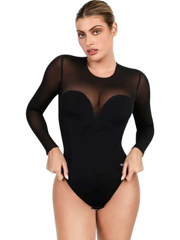 POPILUSH Shapewear Illusion Mesh Bodysuit - Jet Black