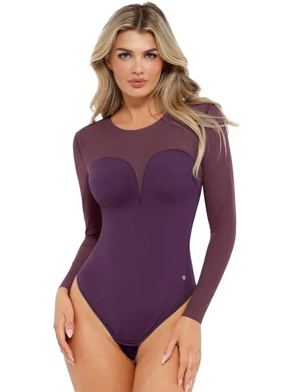 POPILUSH Shapewear Illusion Mesh Bodysuit - Plum