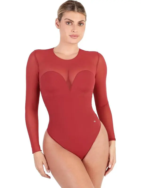 POPILUSH Sheer Mesh Long Sleeve Bodysuit - Poppy Red