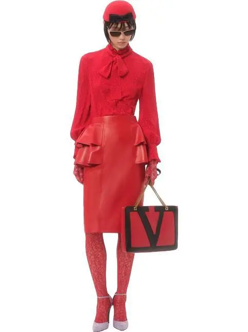 Valentino Garavani Leather Midi Skirt - Red