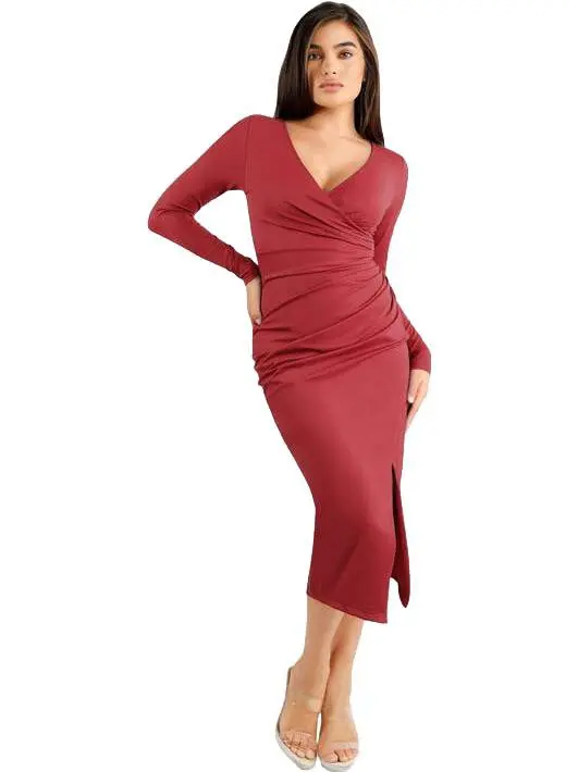 POPILUSH Shapewear Ruched Long Sleeve Faux Wrap Slimming Midi Dress - Cherry Red