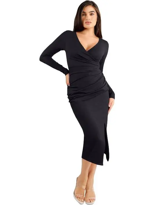 POPILUSH Shapewear Ruched Long Sleeve Faux Wrap Slimming Midi Dress - Midnight Black