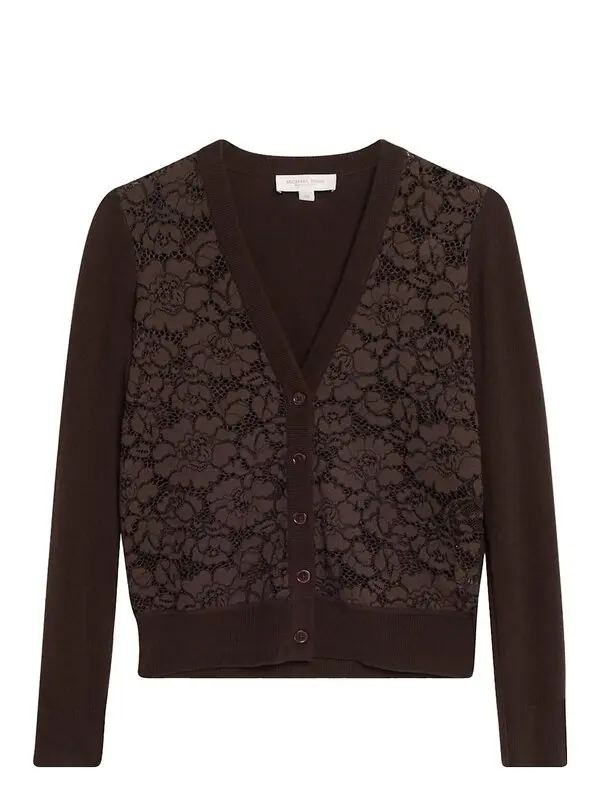 Michael Kors Lace Front Cashmere Cardigan - Chocolate
