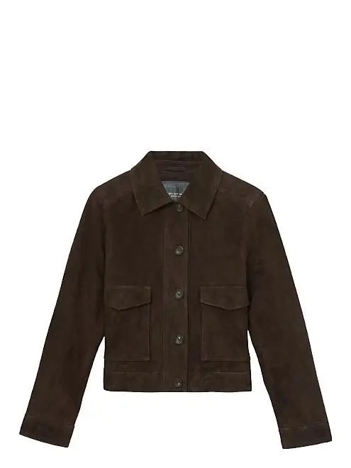REISS Hanson Suede Trucker Jacket - Chocolate Brown