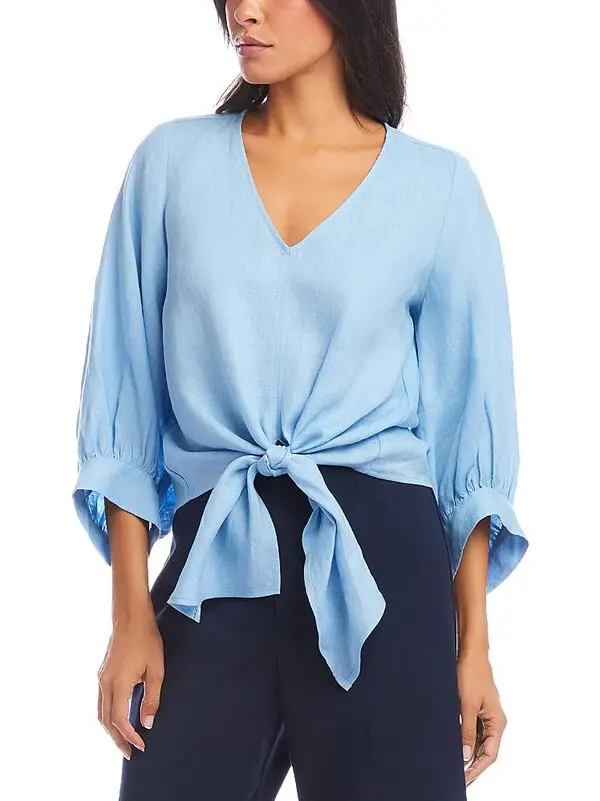 Karen Kane Blouson Sleeve Linen Tie Front Top - Lake