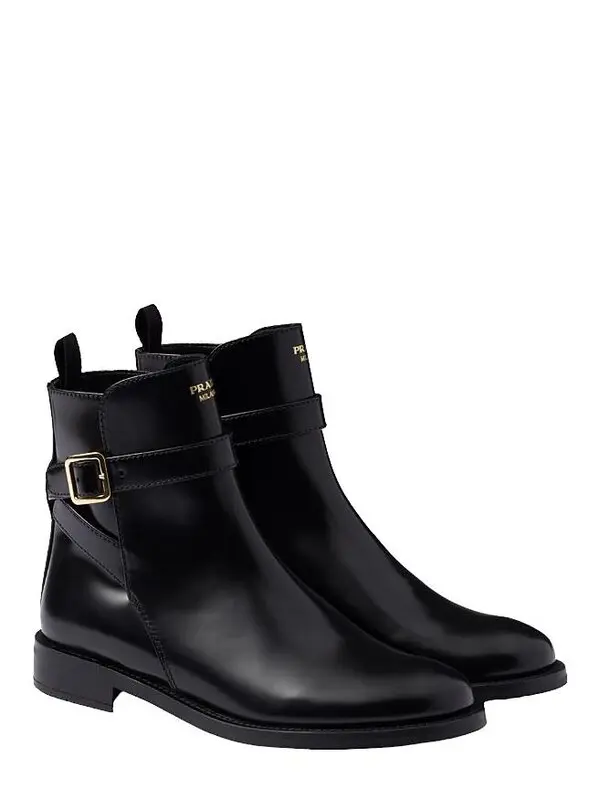 Prada Brushed Leather Ankle Boots With Strap - Black