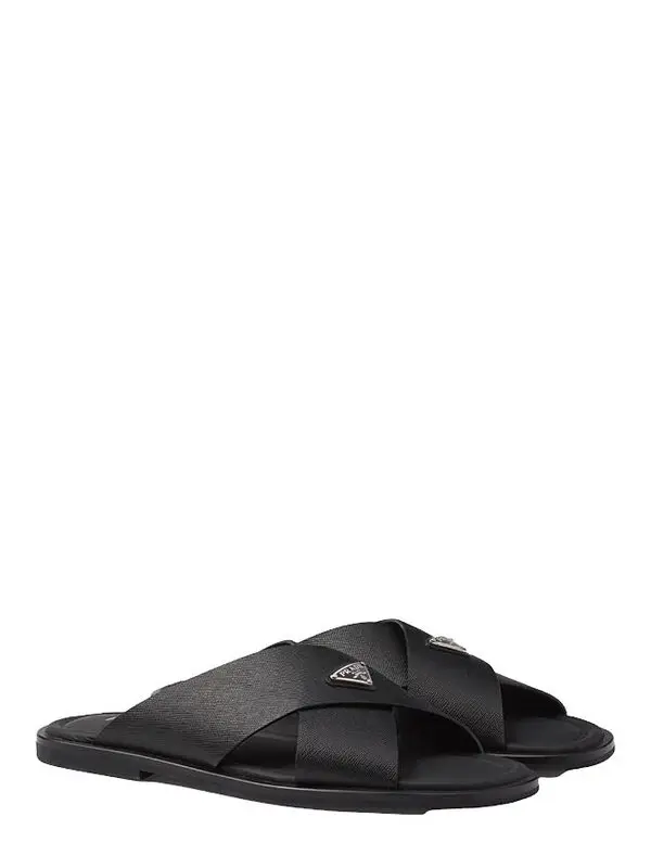 Prada Saffiano Leather Crisscross Slides - Black