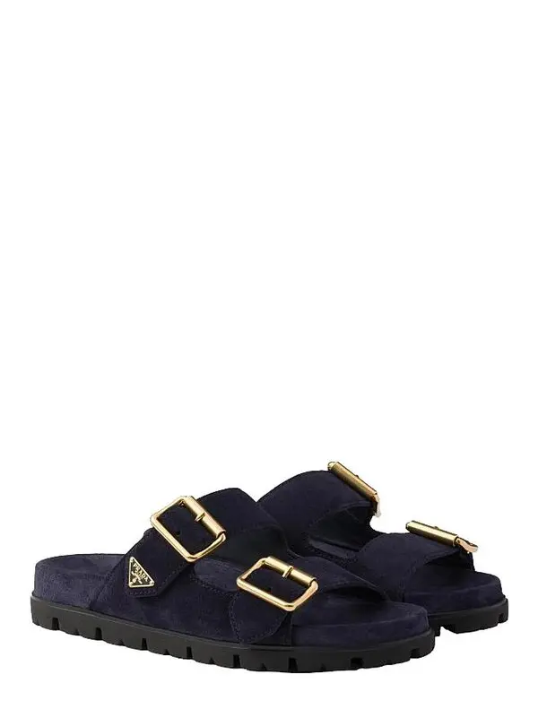 Prada Suede Slides With Polished Buckle - Blue