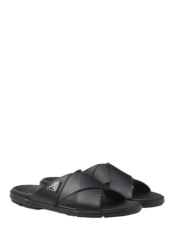 Prada Leather Crisscross Slides - Black