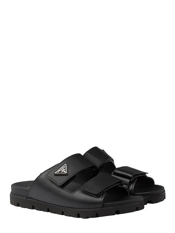 Prada Leather Strap Slides - Black