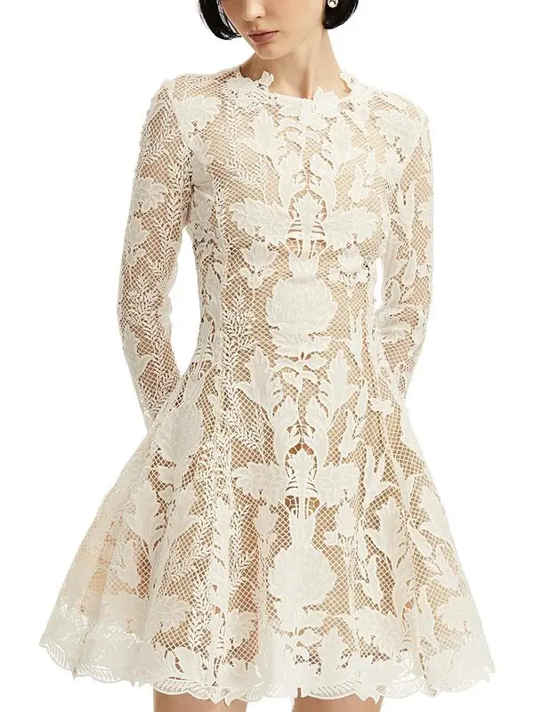 Oscar De La Renta Long Sleeve Artichoke Guipure Mini Dress - White