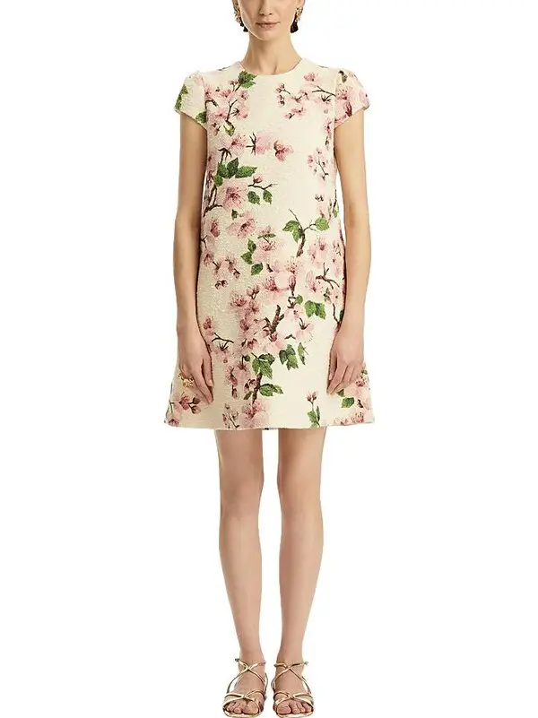 Oscar De La Renta Embroidered Cherry Blossom Tweed Dress - Pink/ivory