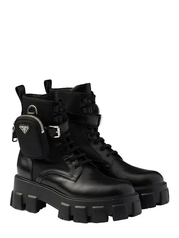 Prada Monolith Leather And Re-nylon Boots With Pouch - Black