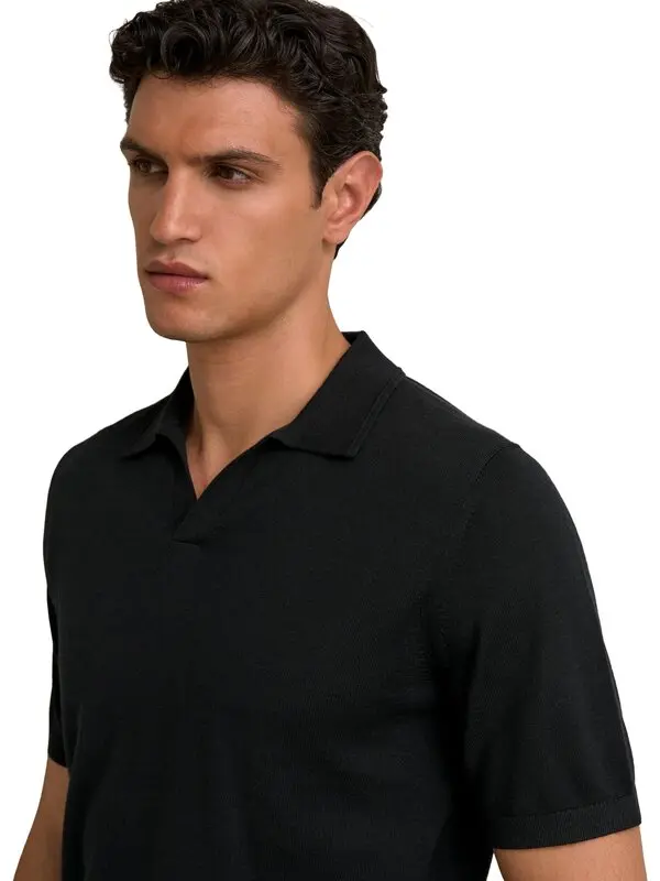 REISS Duchie Merino Wool Open-collar Polo Shirt - Black