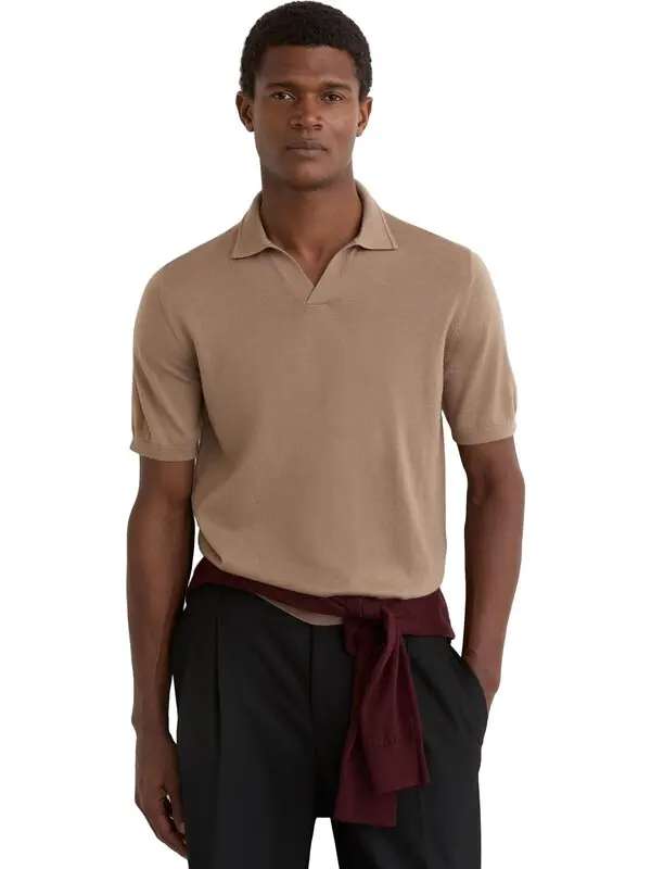 REISS Duchie Merino Wool Open-collar Polo Shirt - Camel Brown