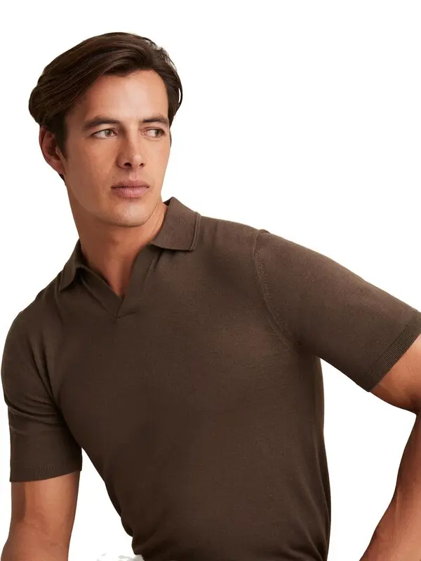 REISS Duchie Merino Wool Open-collar Polo Shirt - Chocolate Brown