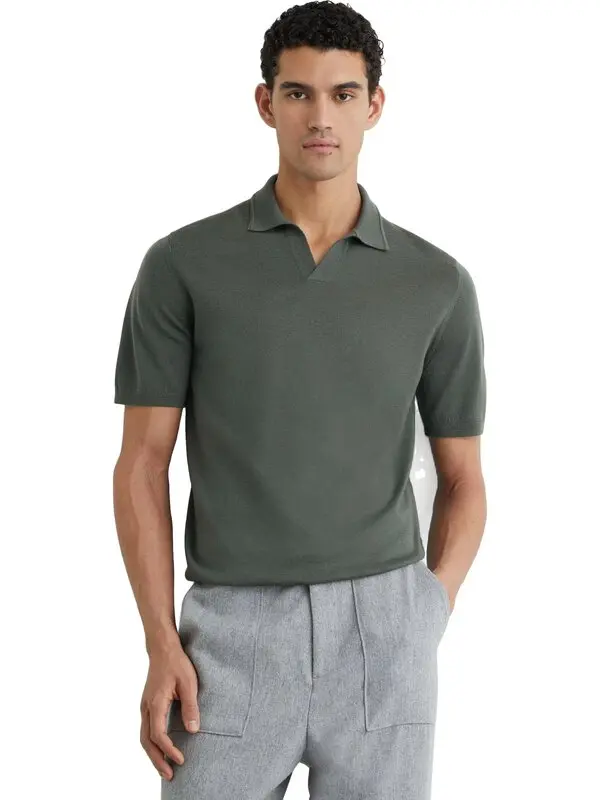 REISS Duchie Merino Wool Open-collar Polo Shirt - Kale Green