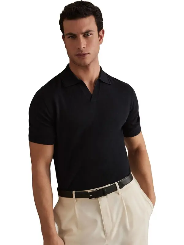 REISS Duchie Merino Wool Open-collar Polo Shirt - Navy