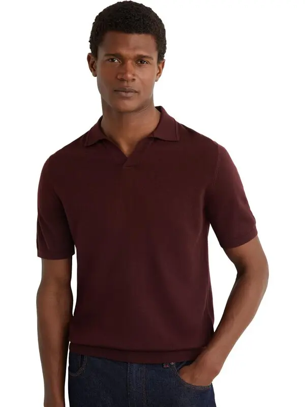 REISS Duchie Merino Wool Open-collar Polo Shirt - Port Red