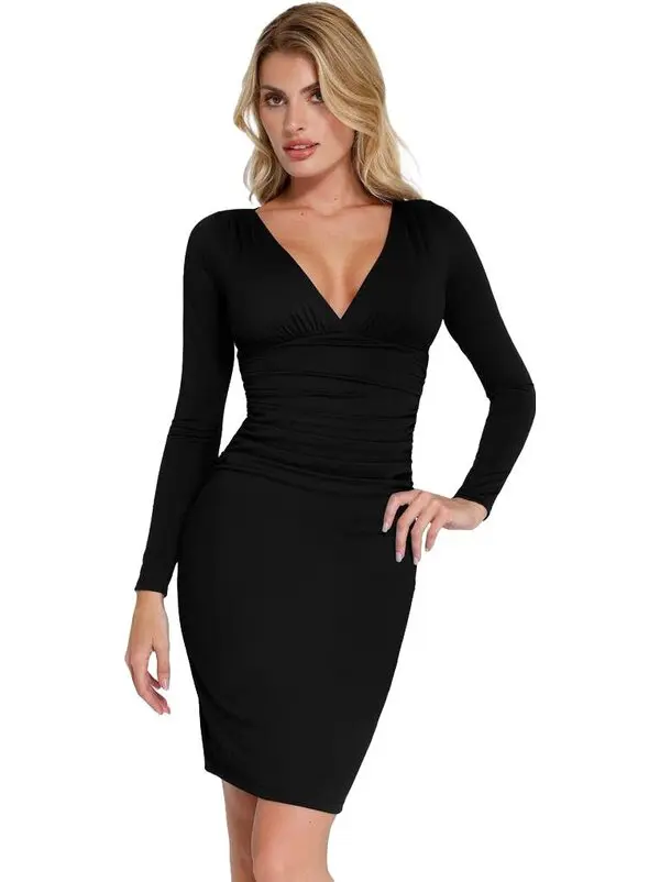 POPILUSH Shapewear Long Sleeve V-neck Ruched Bodycon Midi Dress - Classic Black