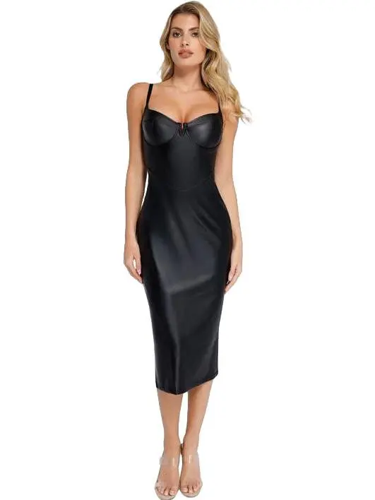 POPILUSH Shapewear Faux Leather Corset Midi Dress - Classic Black