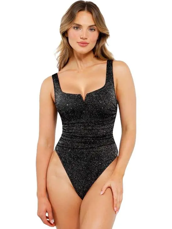 POPILUSH Shapewear Ruched Metallic Knit Bodysuit - Jet Black