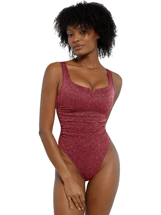 POPILUSH Shapewear Ruched Metallic Knit Bodysuit - Ruby