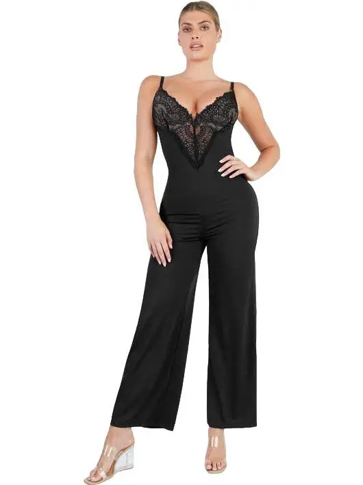 POPILUSH Shapewear Lace Deep V-neck Wide Leg Jumpsuit - Midnight Black