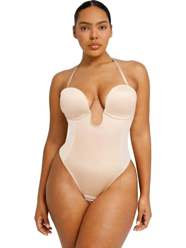 SHAPELLX Airslim Deep Plunge Low-back Thong Bodysuit - Buttercream