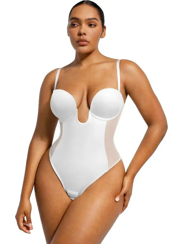 SHAPELLX Airslim Deep Plunge Low-back Thong Bodysuit - White