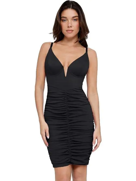 POPILUSH Shapewear Plunging V Ruched Bodycon Mini Dress - Midnight Black
