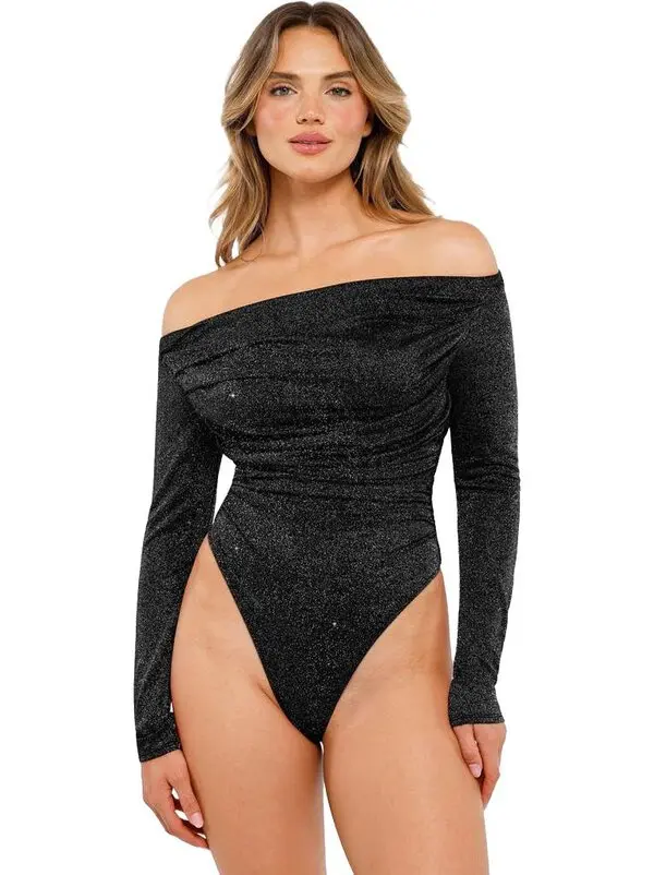 POPILUSH Shapewear Metallic Knit Long Sleeve Bodysuit - Jet Black
