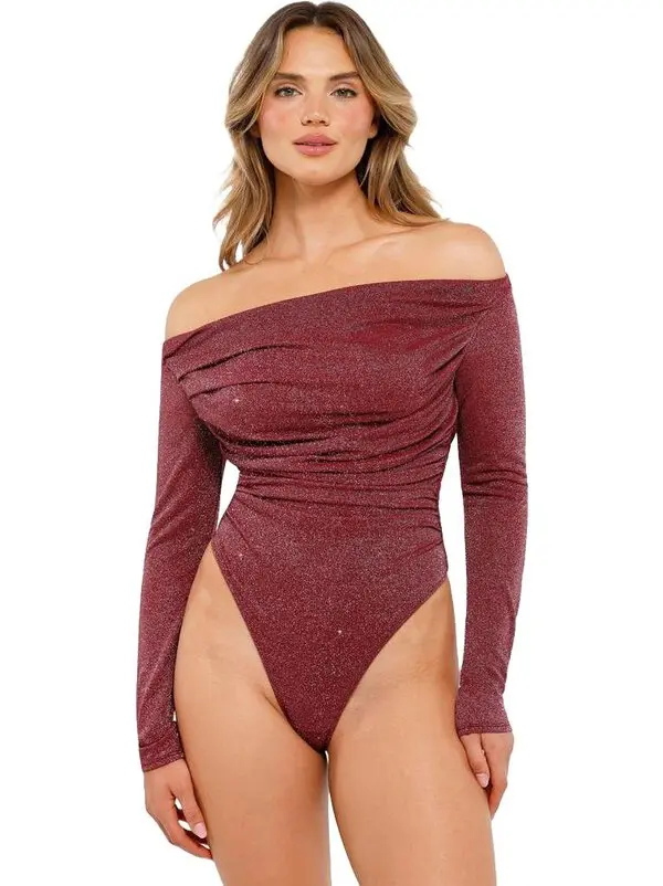 POPILUSH Shapewear Metallic Knit Long Sleeve Bodysuit - Ruby