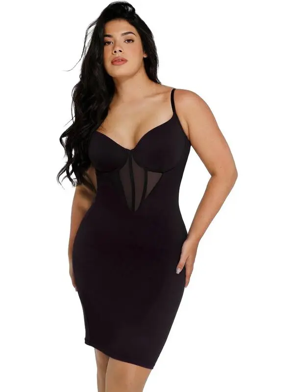POPILUSH Shapewear Mesh Corset Paneled Midi Dress - Black