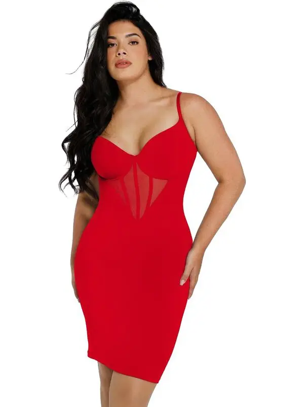POPILUSH Shapewear Mesh Corset Paneled Midi Dress - Bright Red