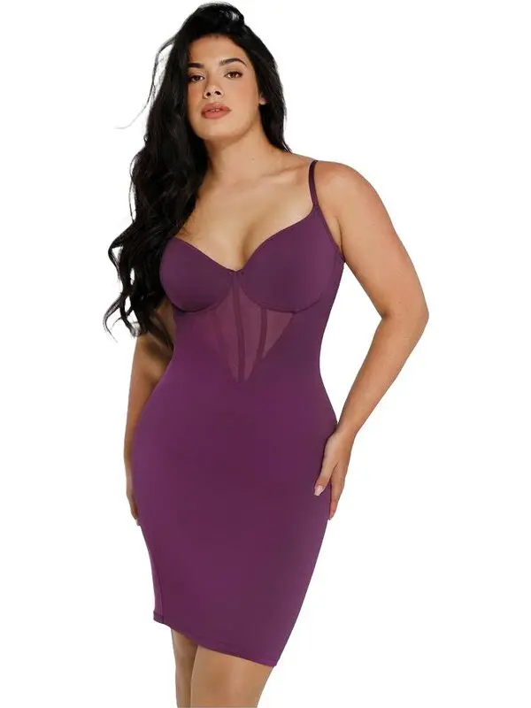 POPILUSH Shapewear Mesh Corset Paneled Midi Dress - Plum
