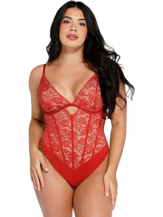 POPILUSH Shapewear Cutout Corset Lace Bodysuit - Bright Red