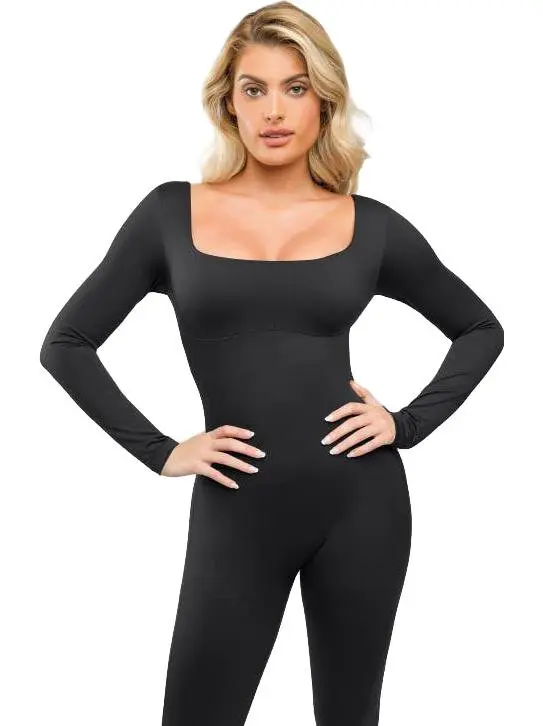 POPILUSH Shapewear Square Neck Long Sleeve Butt Lift Jumpsuit - Midnight Black