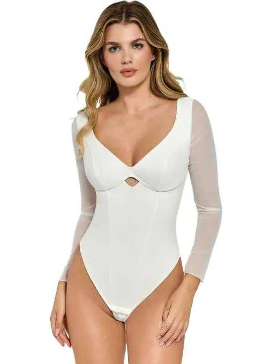 POPILUSH Shapewear Mesh Sleeve Sweetheart Bodysuit - Chalk