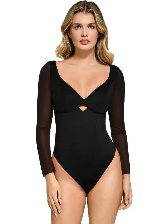 POPILUSH Shapewear Mesh Sleeve Sweetheart Bodysuit - Jet Black