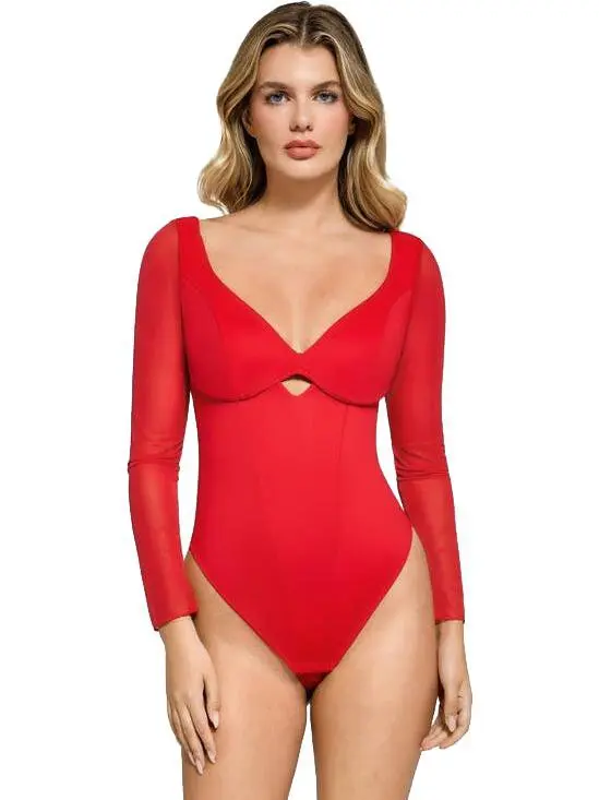 POPILUSH Shapewear Mesh Sleeve Sweetheart Bodysuit - Watermelon