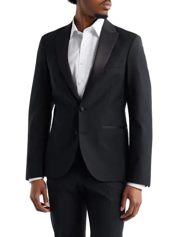 OPEN EDIT Black Peaked Lapel Stretch Wool Blend Tuxedo Jacket - Black Caviar