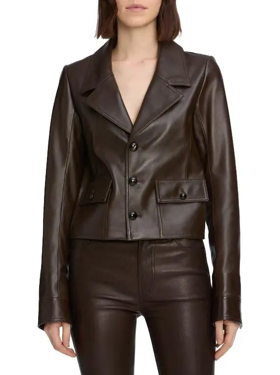 FRAME The Cuffed Crop Leather Jacket - Dark Brown