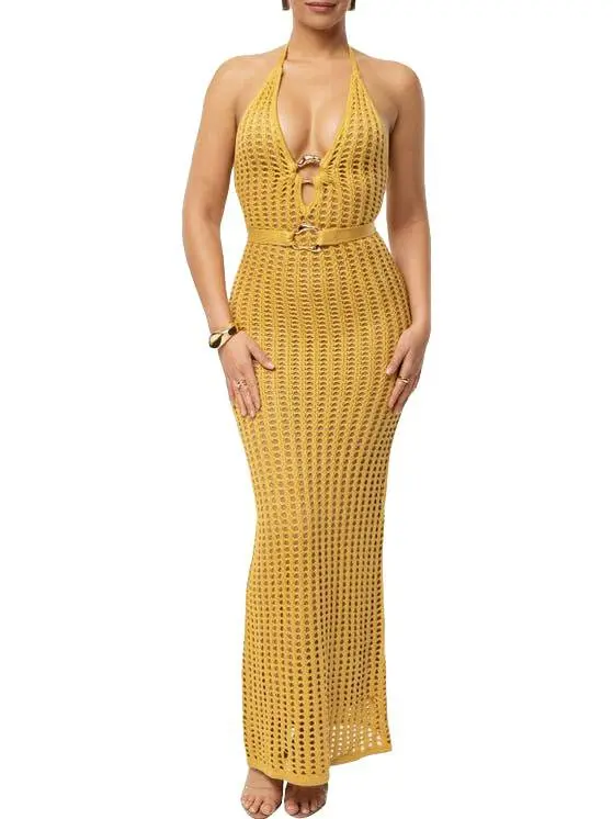 JLUXLABEL Dream Open Stitch Halter Dress - Yellow