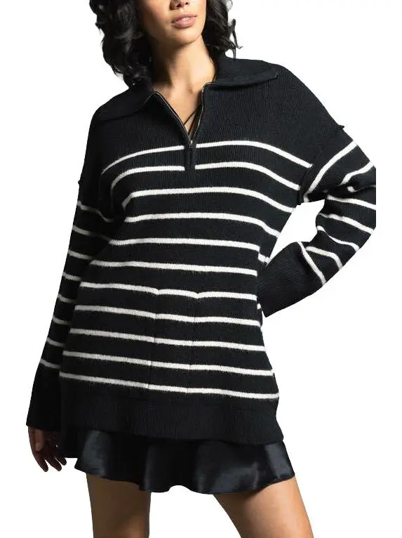WEEKEND LOS ANGELES Coralie Stripe Quarter Zip Sweater - Black Ivory Stripe