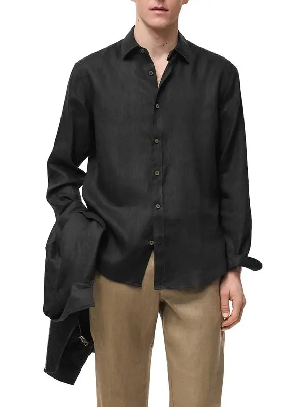 Mango Regular Fit Linen Button-up Shirt - Black